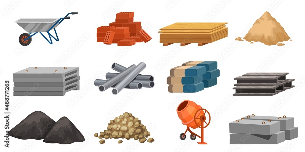 Cartoon building materials, slabs, bricks, metal pipes and piles ...