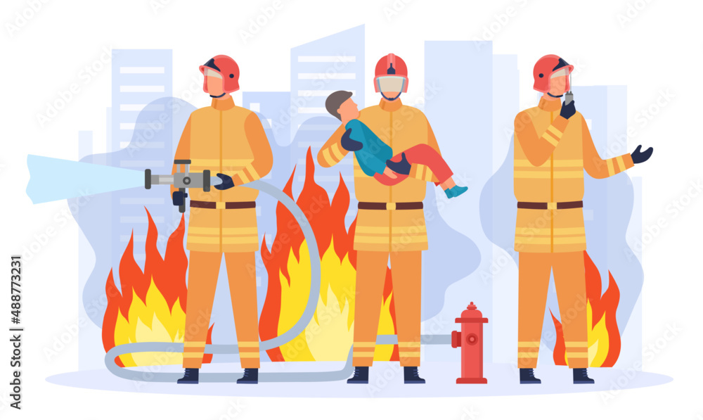 Flat firefighter department team group saving city from fire. Fireman ...