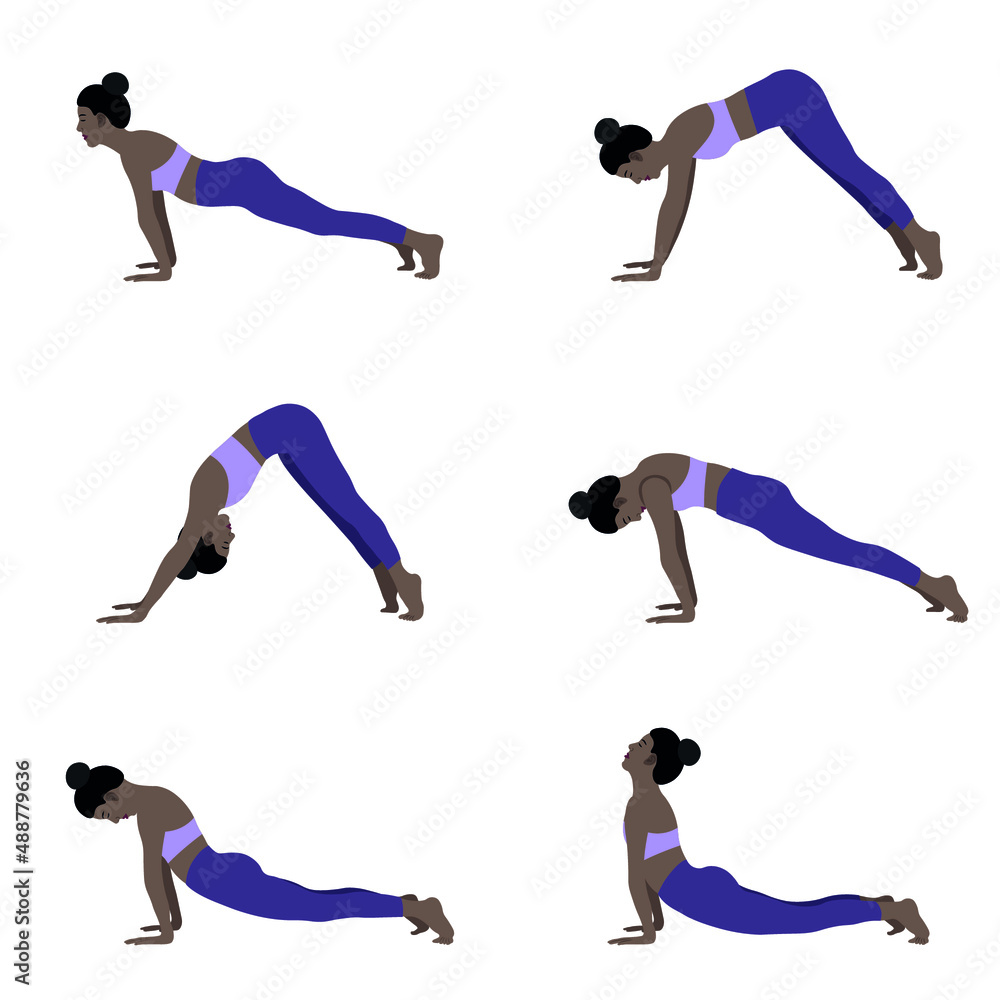 Black girl in different yoga poses isolated on white background, flat ...