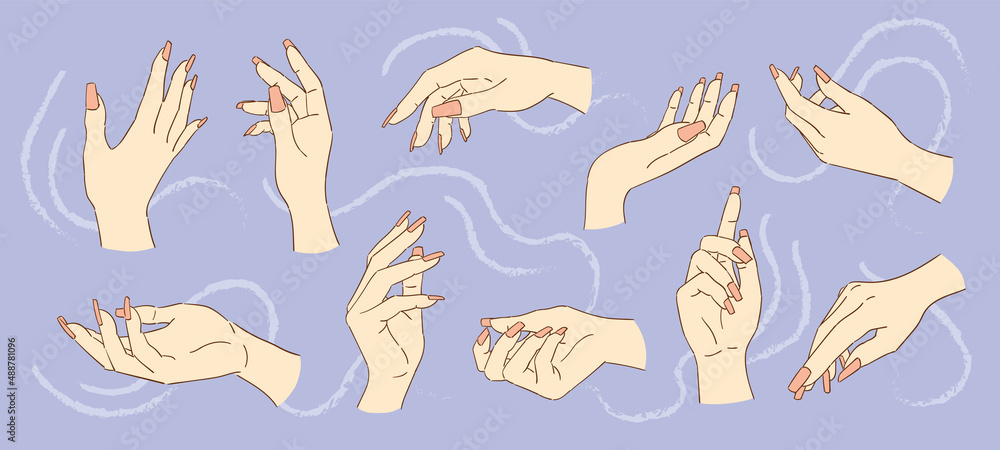 Colorful sketches collection of woman's hands with pink nails on a blue ...