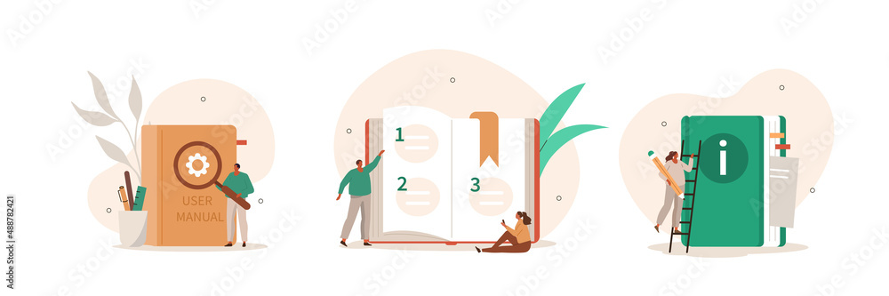 User manual illustration set. People characters reading and writing ...