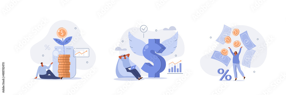 Passive income illustration set. Characters enjoying financial freedom ...