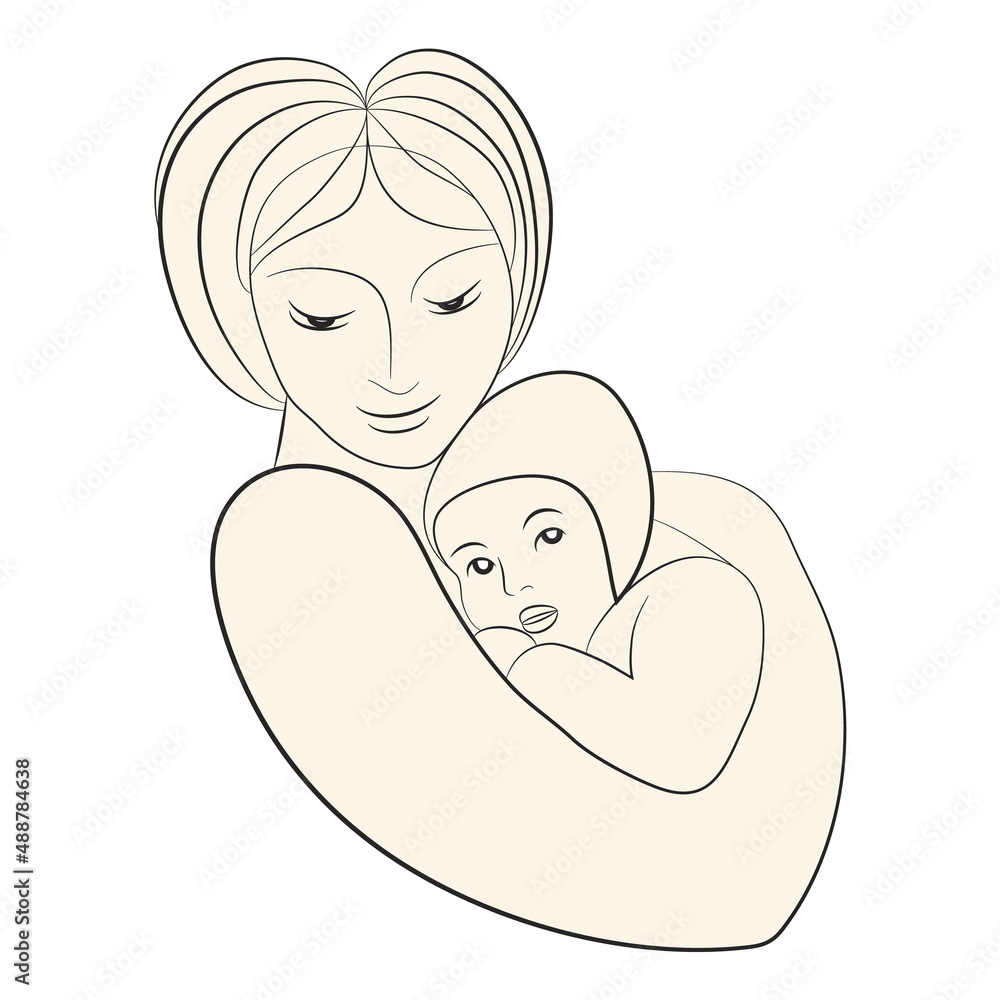 Maternal silhouette with child in her arms. Beautiful woman and her ...