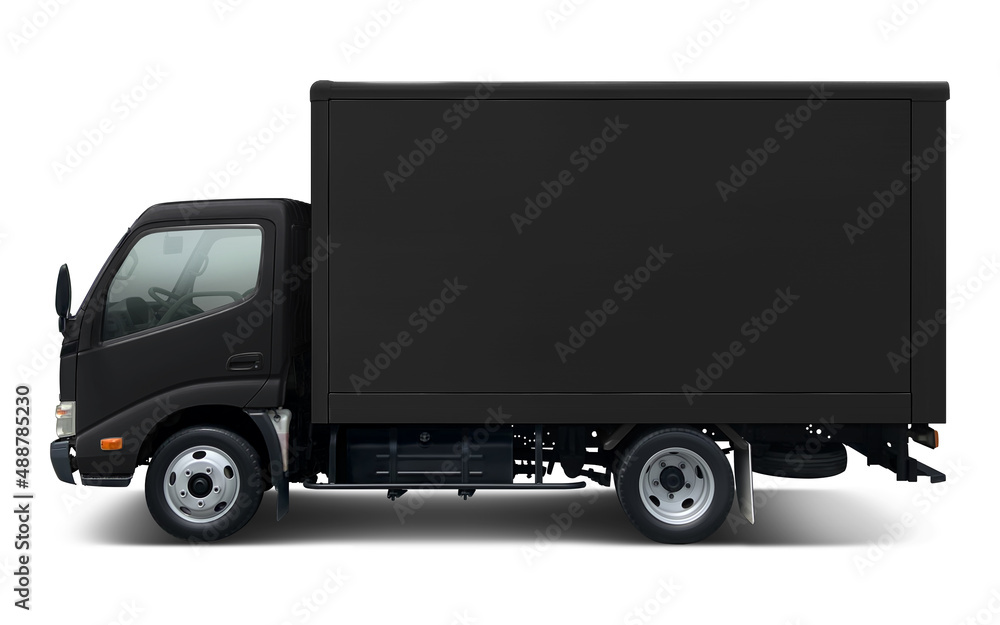 Small and all black modern delivery truck with box body. Side view ...