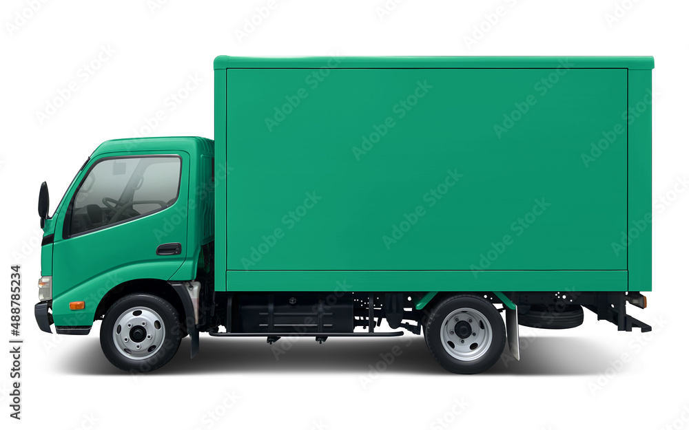 Small and all blue-green modern delivery truck with box body. Side view ...