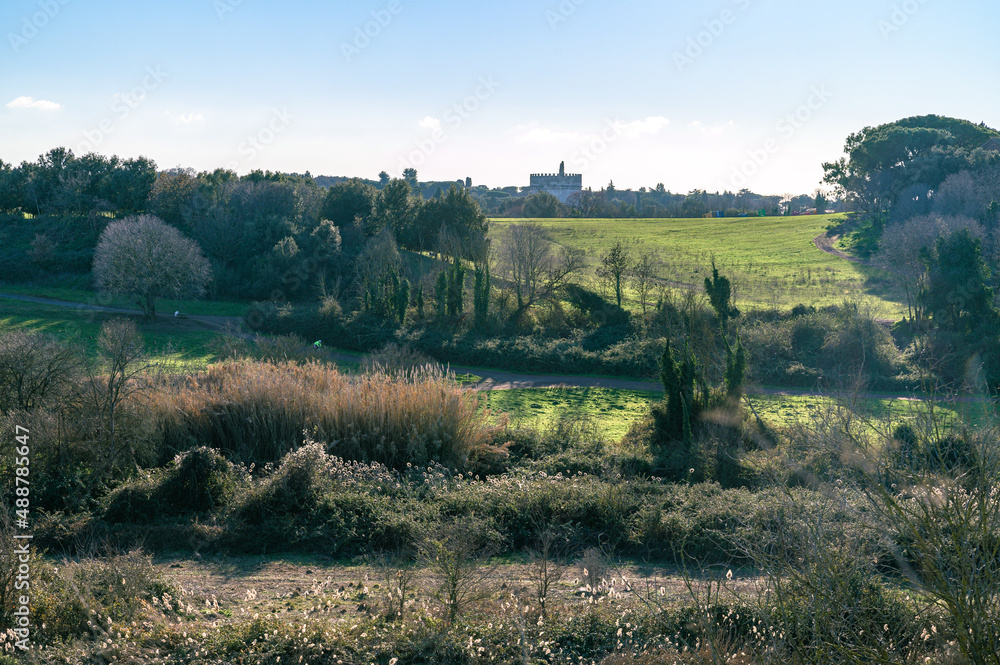 Panorama of typical Italian countryside landscape in Caffarella Appian ...