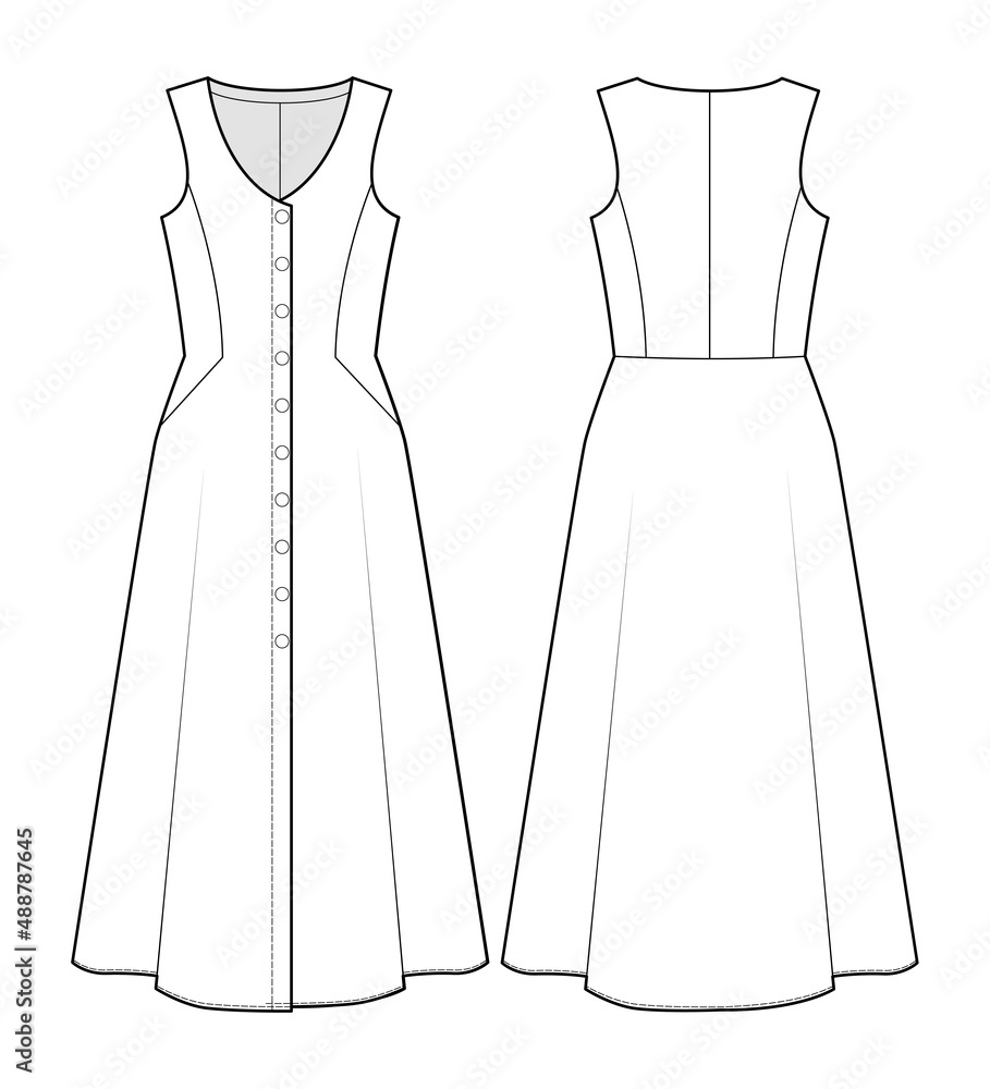 Fashion technical drawing of sleeveless dress with buttons Stock Vector ...