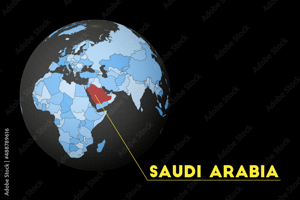Saudi Arabia on dark globe with blue world map. Red country highlighted ...