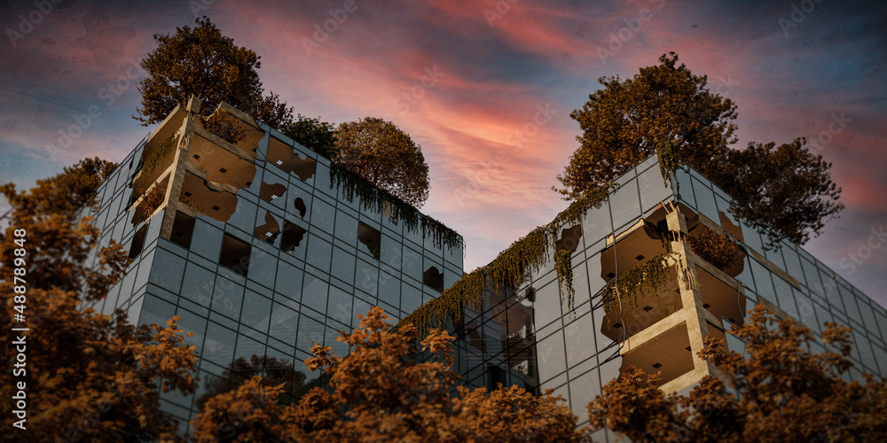 Post-apocalyptic office building overgrown with trees and vegetation ...