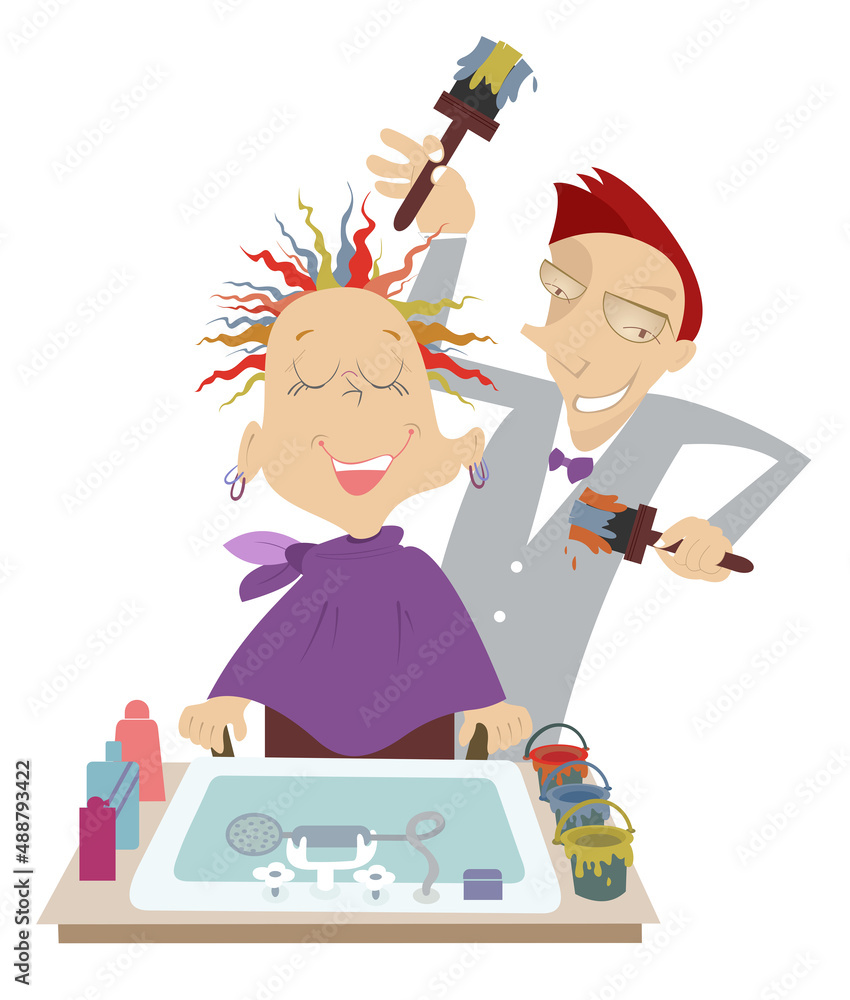 Hairdresser paints hair of the woman illustration. Funny cartoon ...