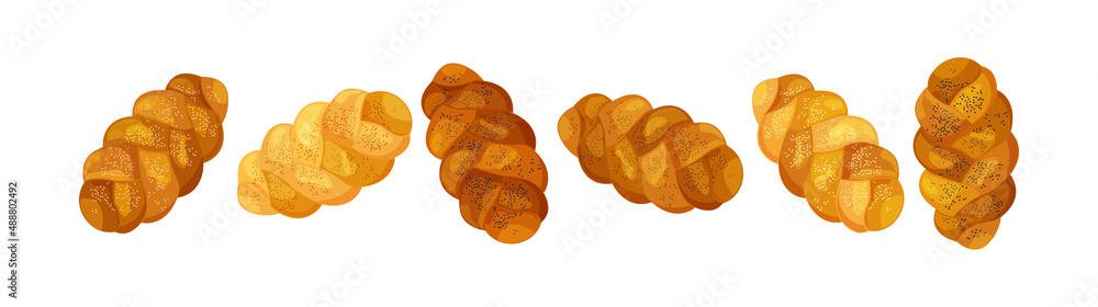 Challah vector set. Holiday jewish braided loaf icons, cartoon shabbat ...