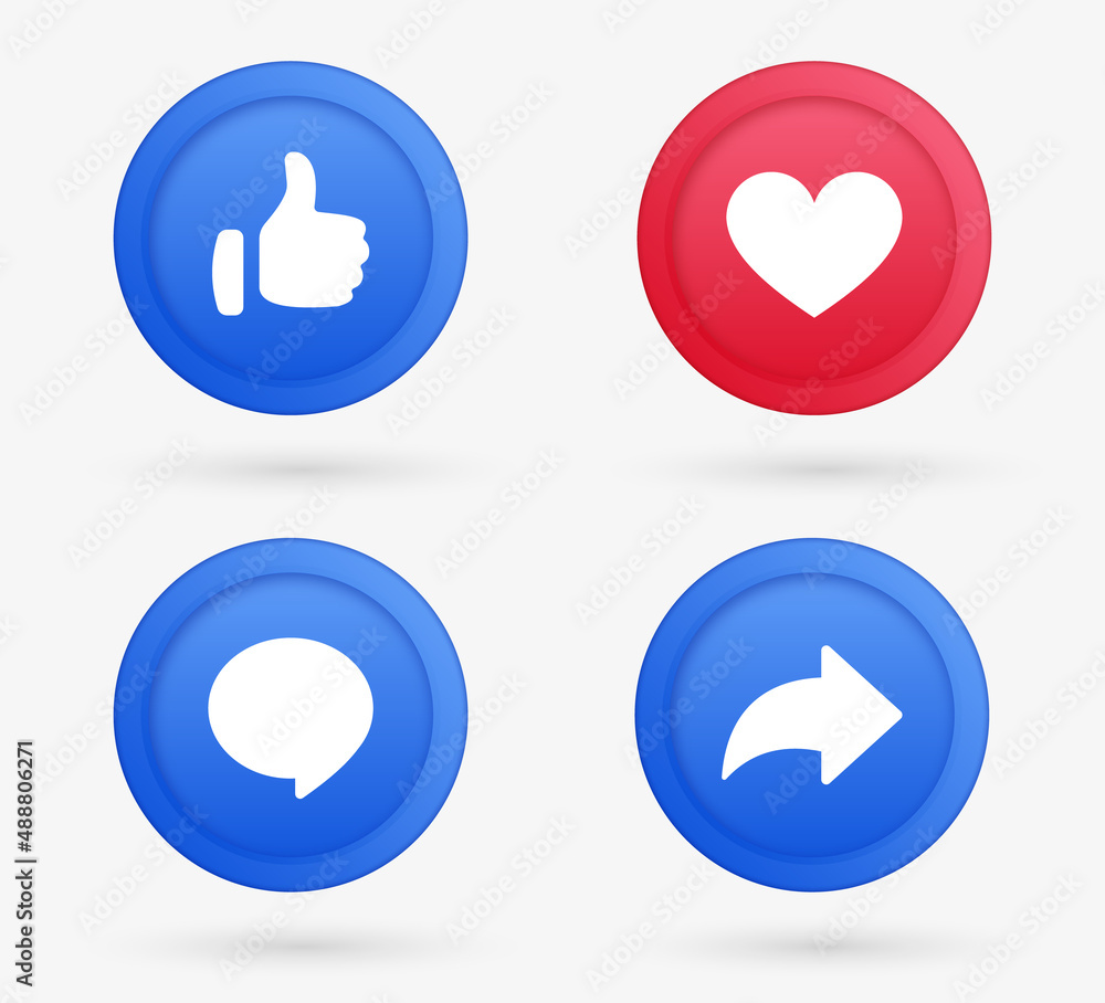 3d social media notification icons, Like love comment share buttons in ...