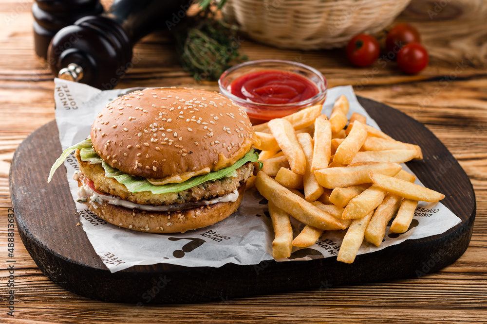 burger set with potatoes and sauce, Set of burgers with french fries ...