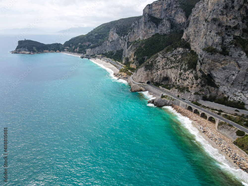 Aerial view of Aurelia street in Noli, Capo Noli and Varigotti ...