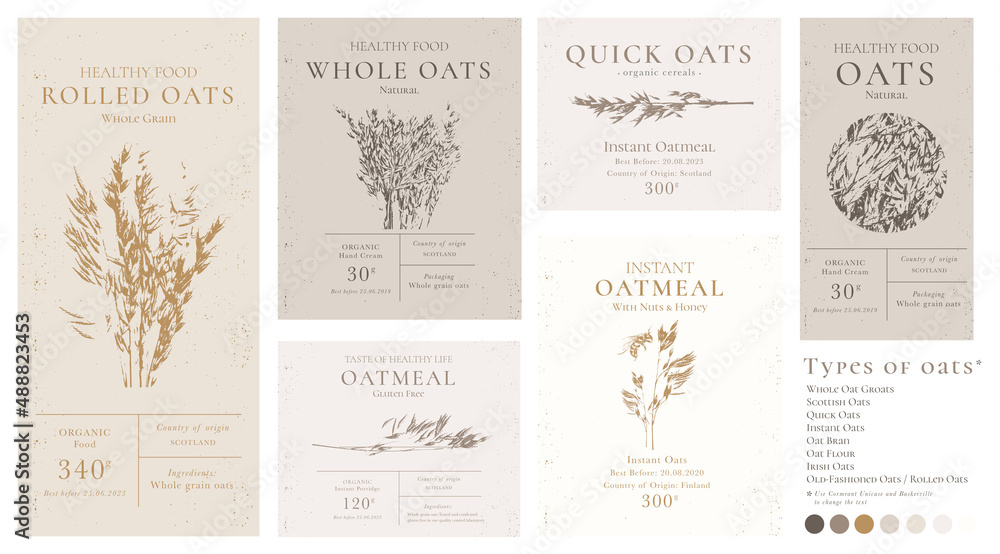 Set of customizable oatmeal labels of Natural healthy food. Cereal oat ...