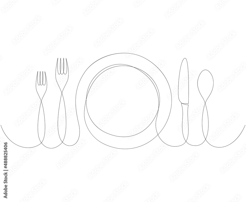 Continuous line drawing of plate, knife, and fork. Minimalism hand ...
