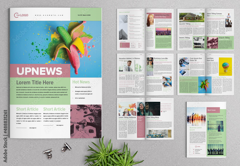 Newsletter with Green and Pink Accents Stock Template | Adobe Stock