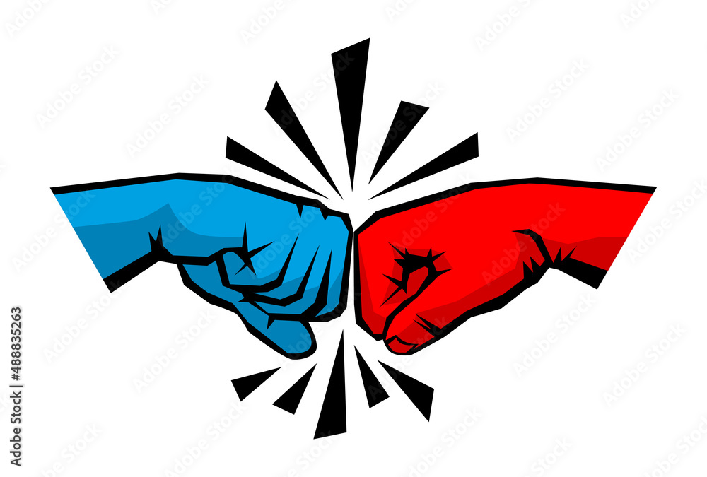 Greeting of two clenched fists of male hands. Comic cartoon poster in ...