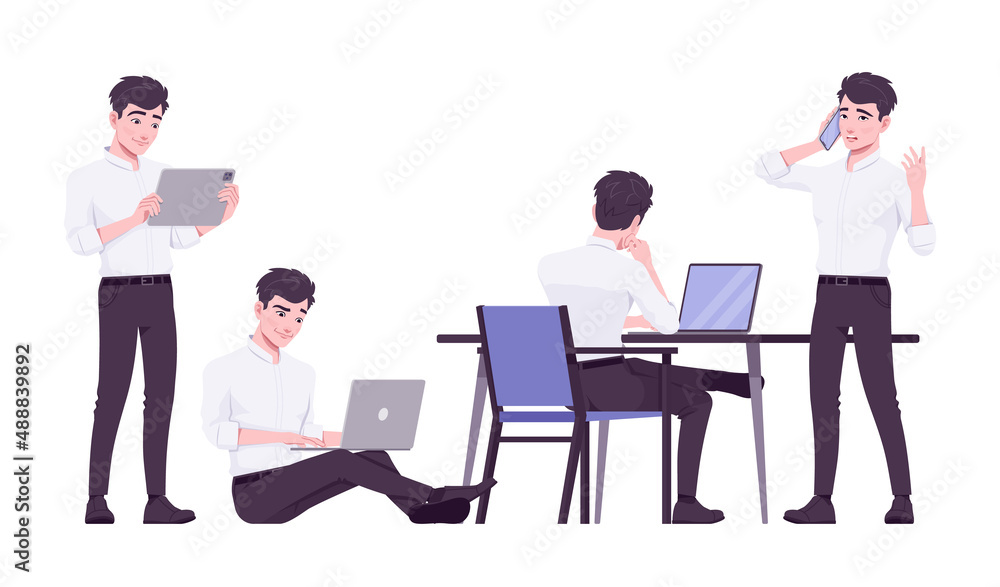 Office worker set, young businessman, male employee with gadgets ...