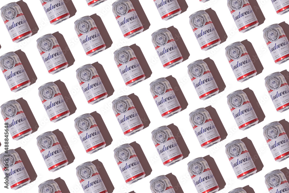 Budweiser american beer cans pattern with hard shadow on white ...