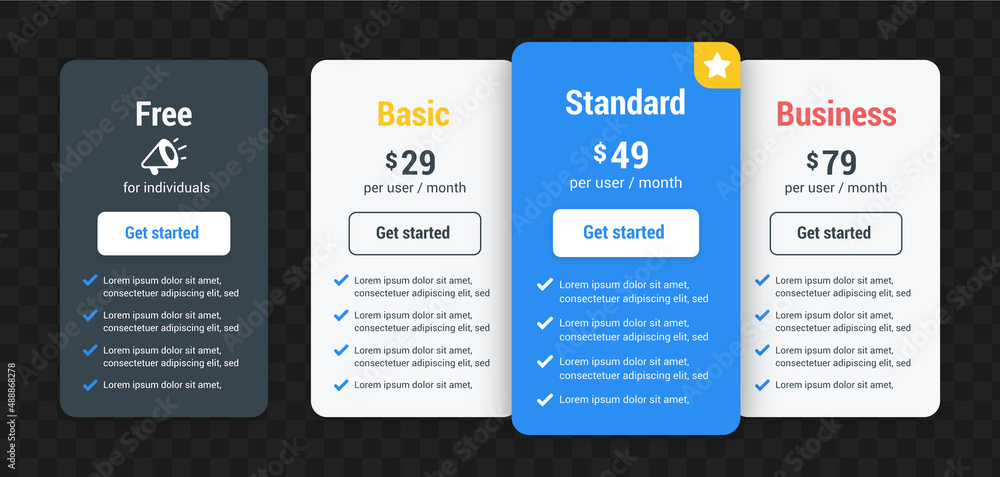Modern pricing plans template elements vector. Isolated pricing or ...