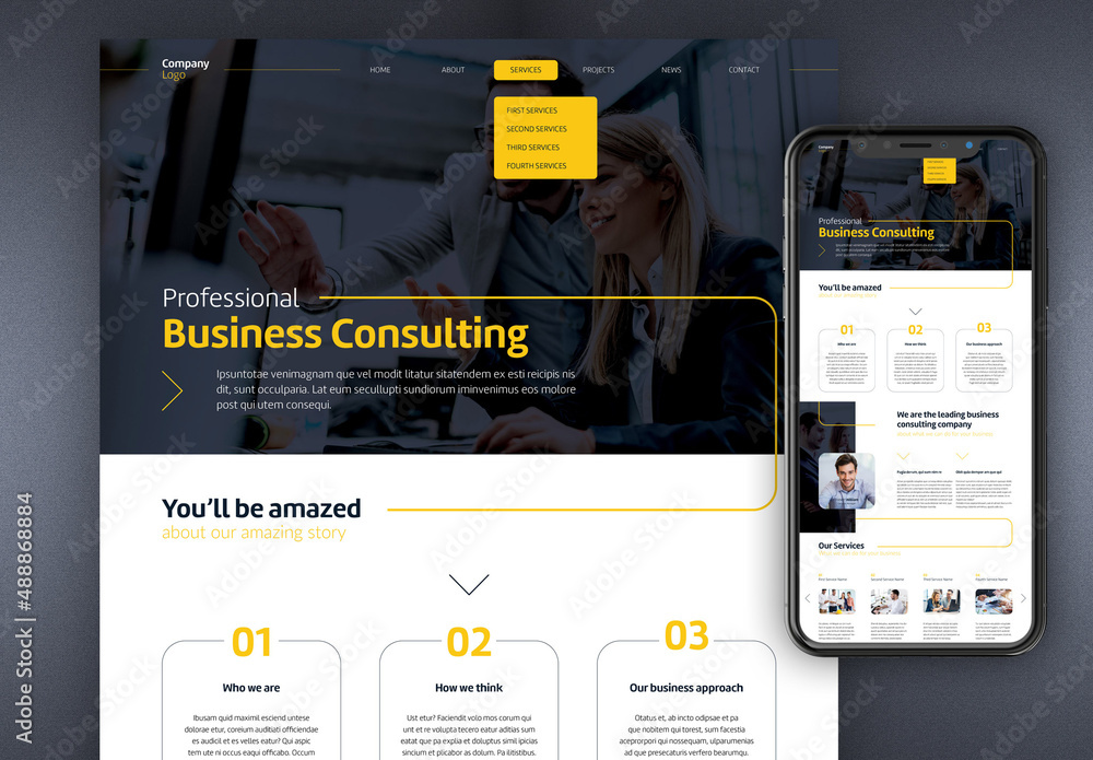 Business Presentation Website with Blue and Yellow Accents Stock ...