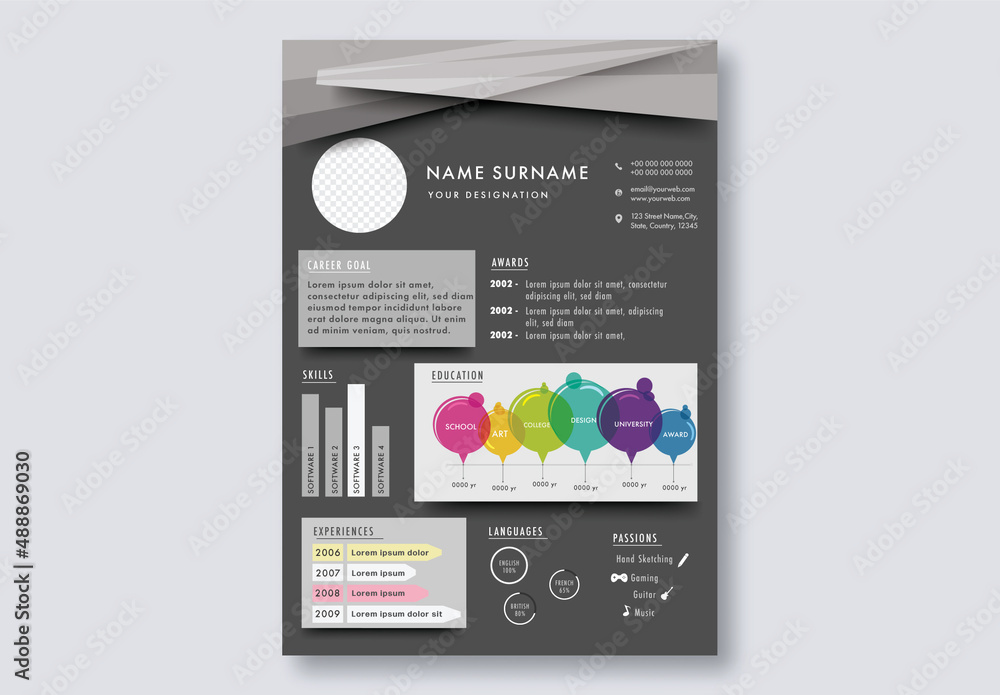Professional Resume Layout in Black Color with Placeholder Stock Template | Adobe Stock