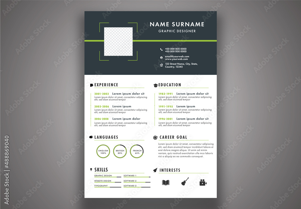 Green and White Color Resume or CV Layout with Placeholder Stock ...