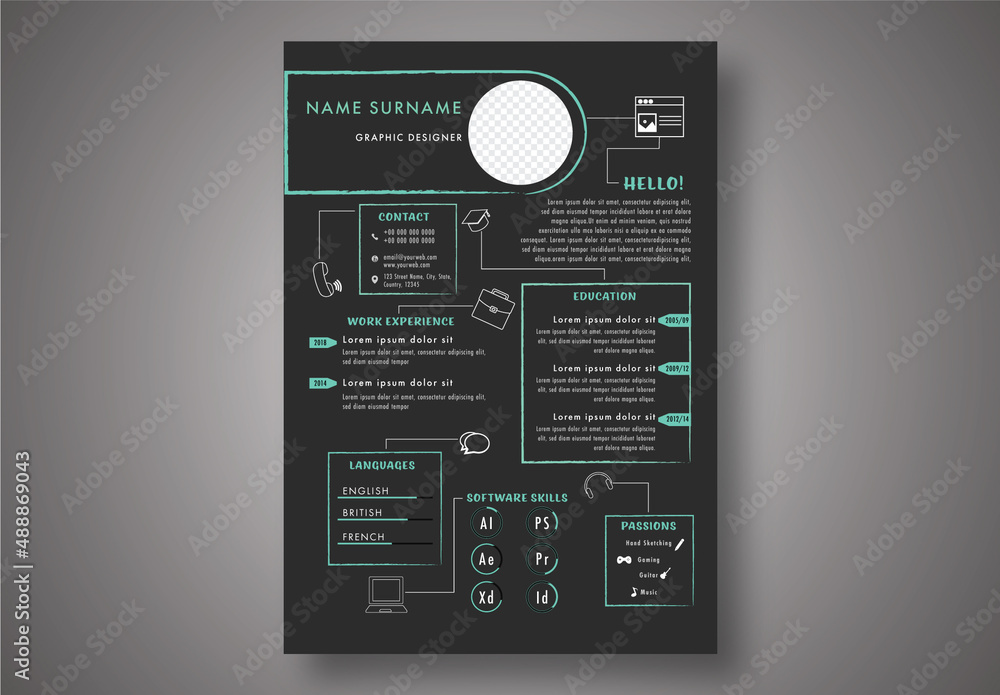 Graphic Designer Resume Layout in Black Color with Placeholder Stock Template | Adobe Stock