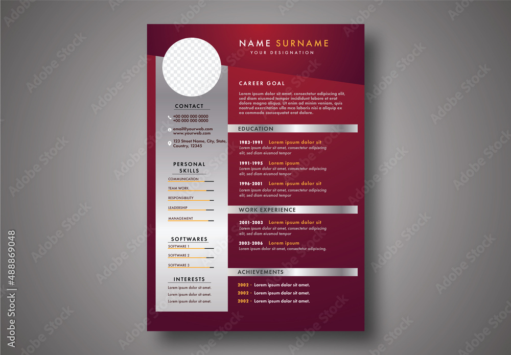 Silver and Burgundy Color Resume or CV Layout with Placeholder Stock ...