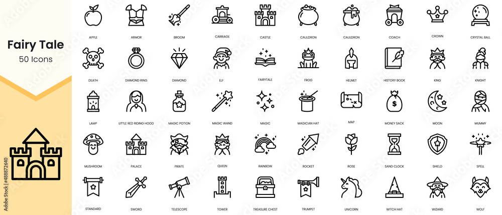 Vetor de Simple Outline Set of fairy tale icons. Linear style icons ...