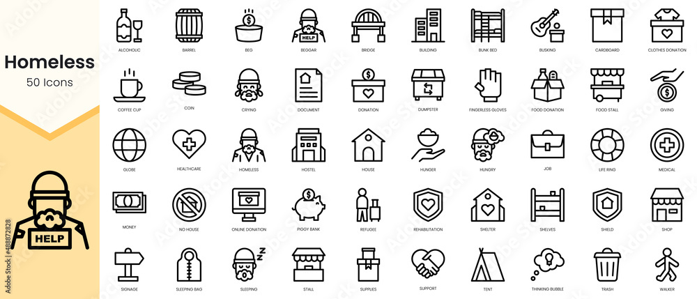 Simple Outline Set of homeless icons. Linear style icons pack. Vector ...
