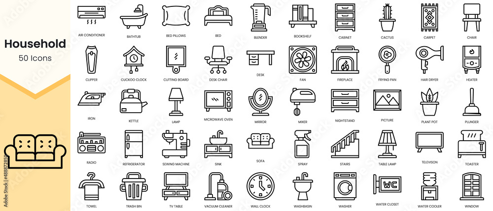 Simple Outline Set of household icons. Linear style icons pack. Vector ...