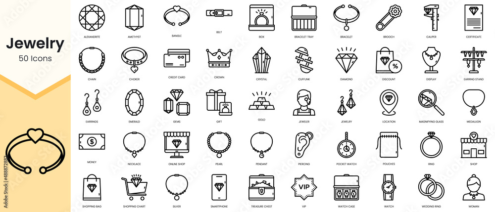 Simple Outline Set of jewelry icons. Linear style icons pack. Vector ...