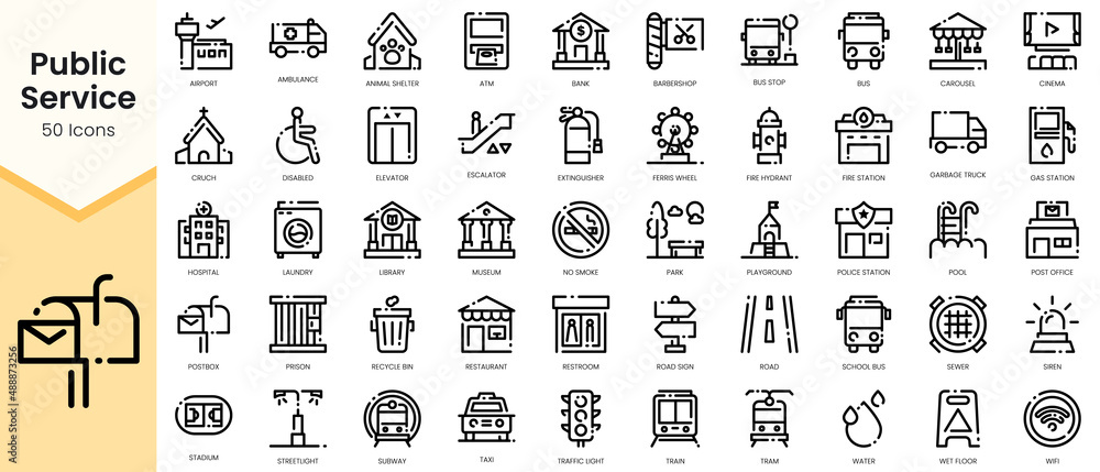 Simple Outline Set of public service icons. Linear style icons pack ...