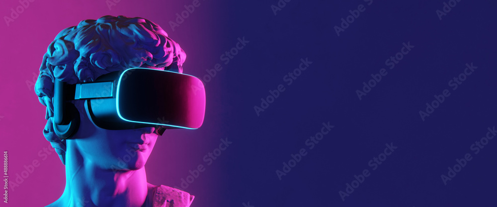 Head of David sporting VR headset. Metaverse concept with copy space ...