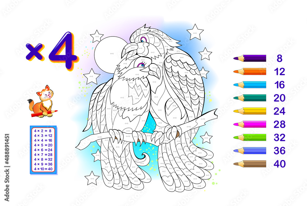 Multiplication table by 4 for kids. Math education. Coloring book ...