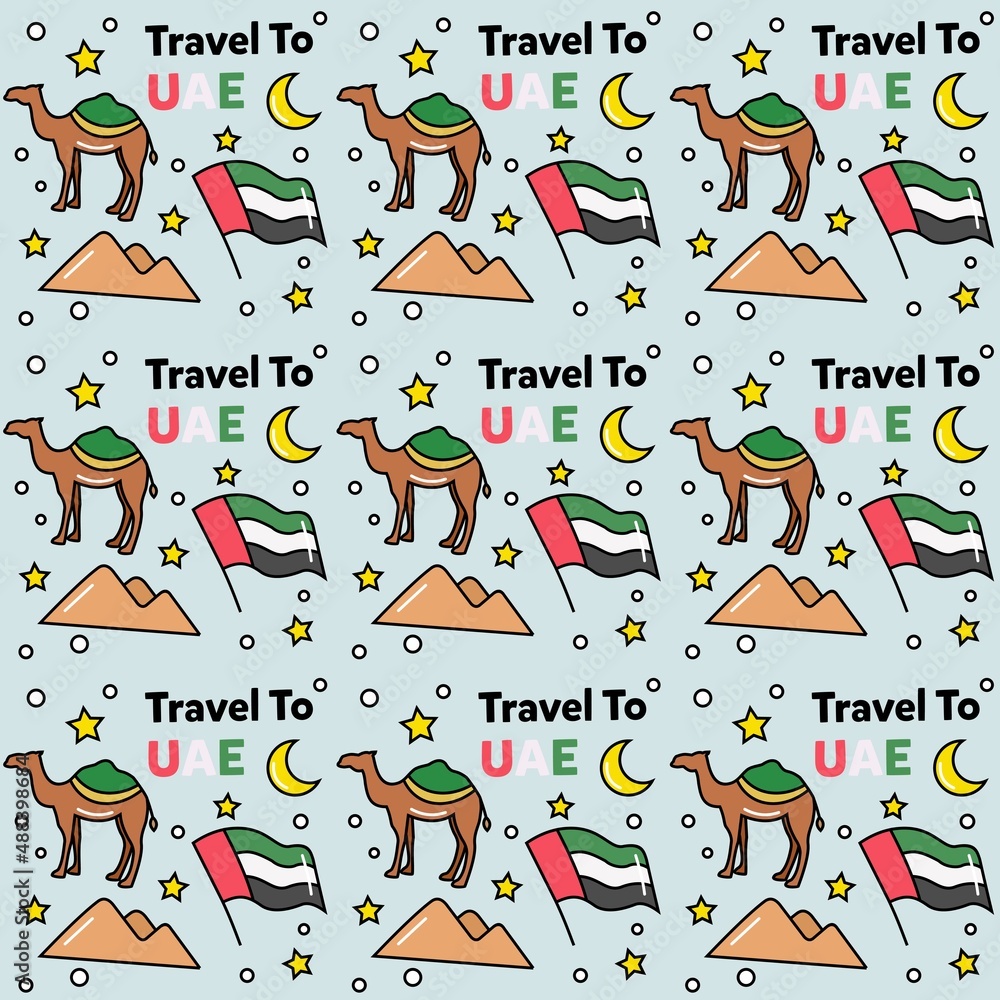 Travel to UAE doodle seamless pattern vector design. Map, flag, tree ...