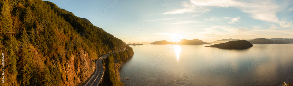 Aerial Panoramic View of Sea to Sky Highway on Pacific Ocean West Coast ...