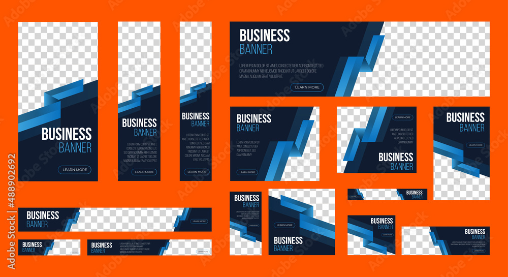 Business Web banner ad set template. Black and blue. Editable shapes ...