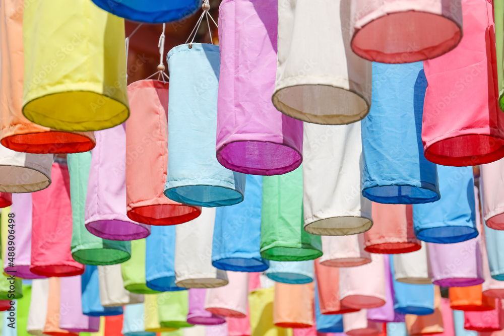 brightly colored cloth lanterns hanging in loy krathong and new year ...