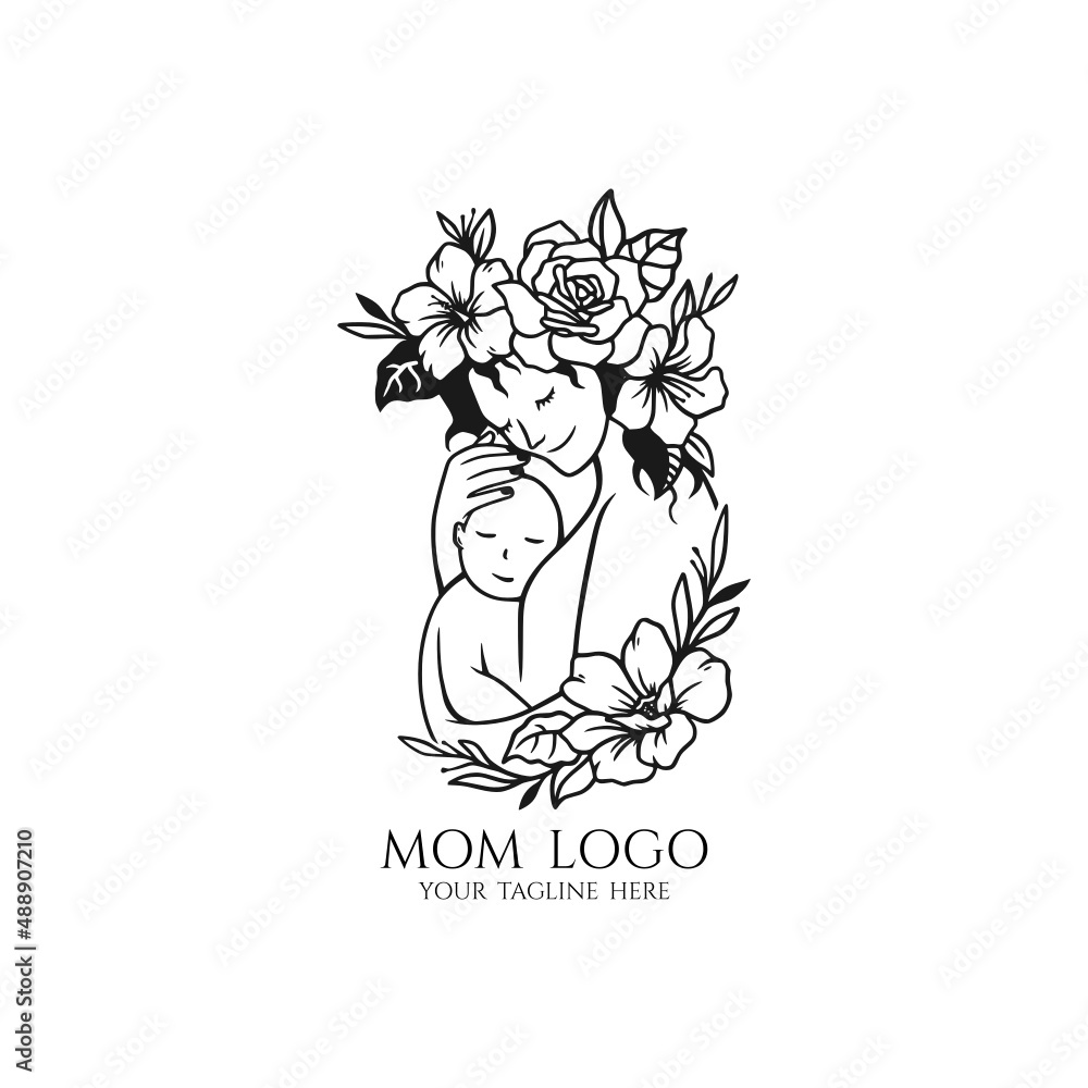 Mom holding baby with flower illustration, mother's day logo vector ...