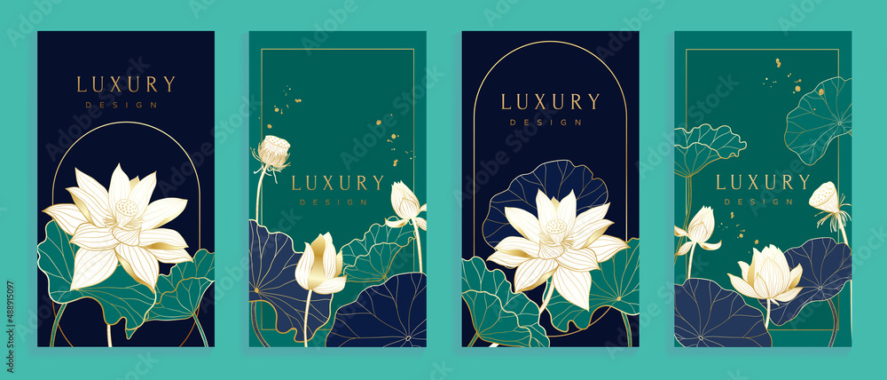 Luxury lotus hand drawn pattern on cover design template. Golden banner ...