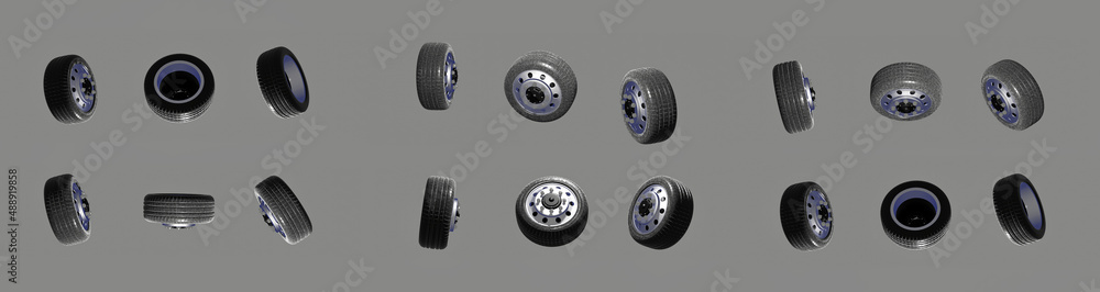 Set of 3d vehicle tyre rendred for different angles for vfx, animation ...