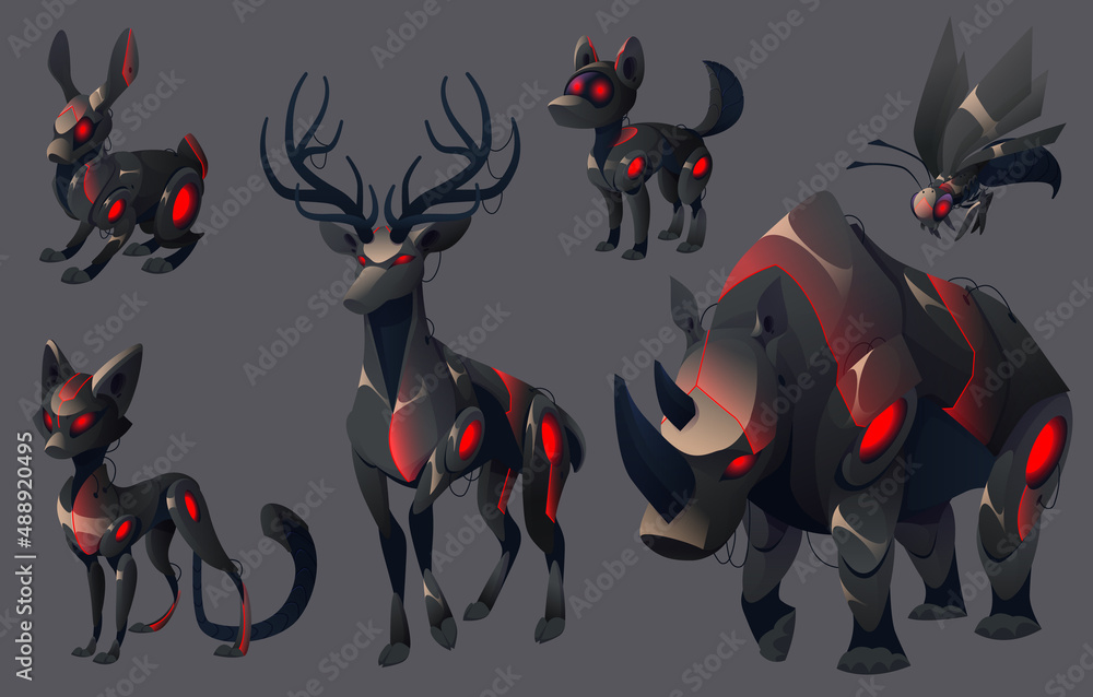 Evil mechanical animals, deer, cat, dog, wasp, rhinoceros and rabbit ...