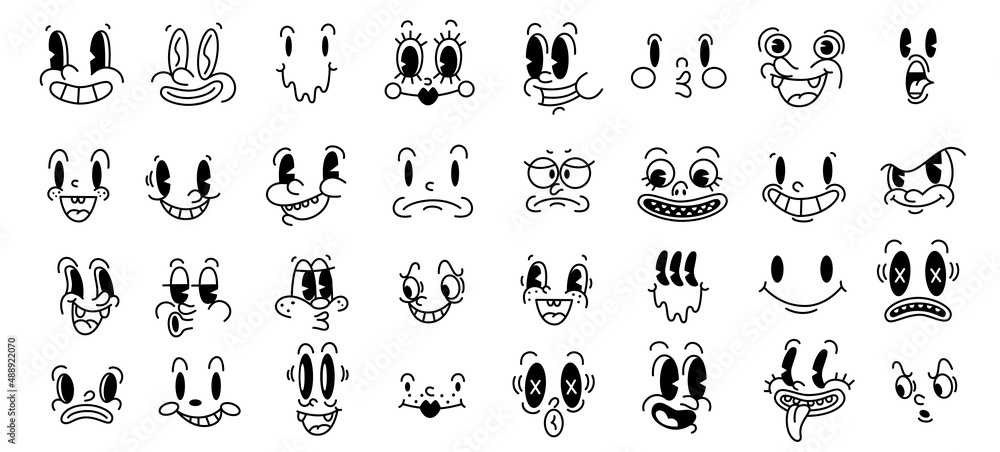 Retro 30s cartoon and comics characters faces. Traditional emotions ...