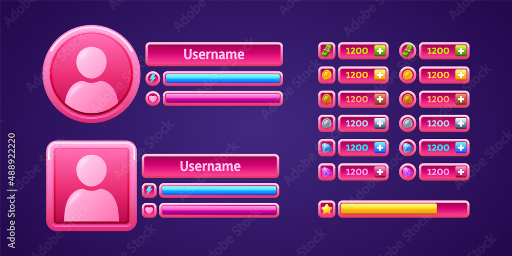 Pink game menu panel, rpg user profiles, daily rewards, username, health and power sliders ...