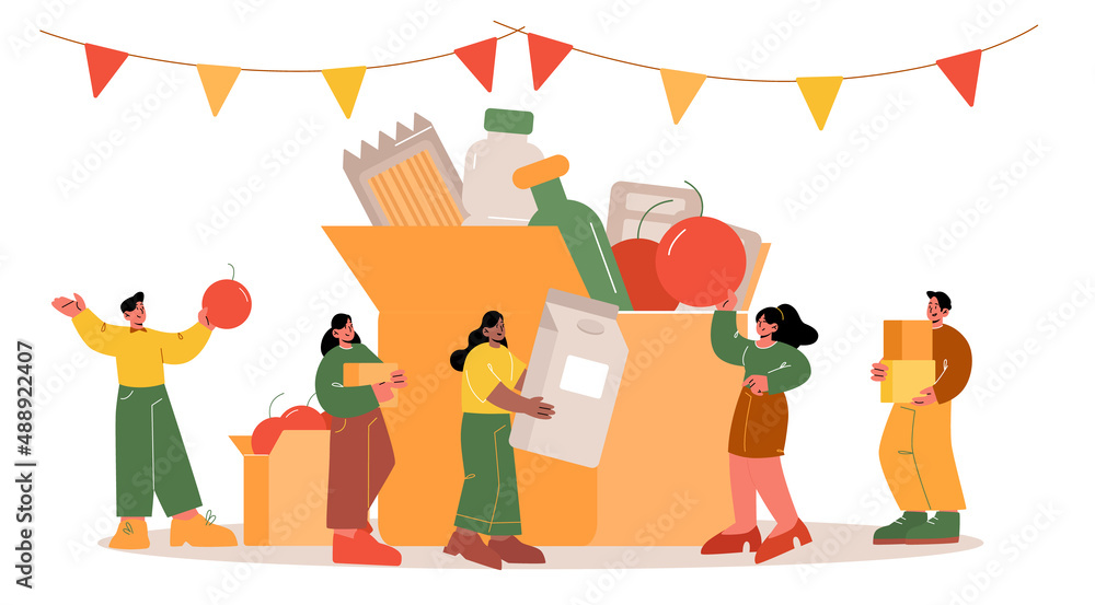 People donate food filling cardboard donation box with different ...