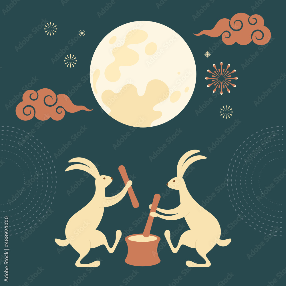 East Asian folklore illustration. Rabbits pounding with a mortar and ...