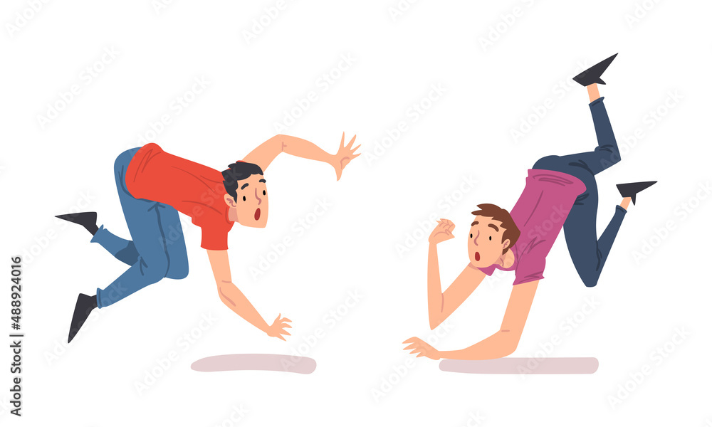 Young men falling down set. Stumbling and slipping people, pain and ...
